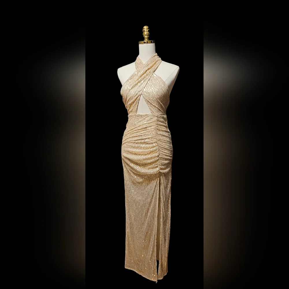 Identity | Dresses | Identity Sexy Elegant Gold Sequins Halter Dress ...
